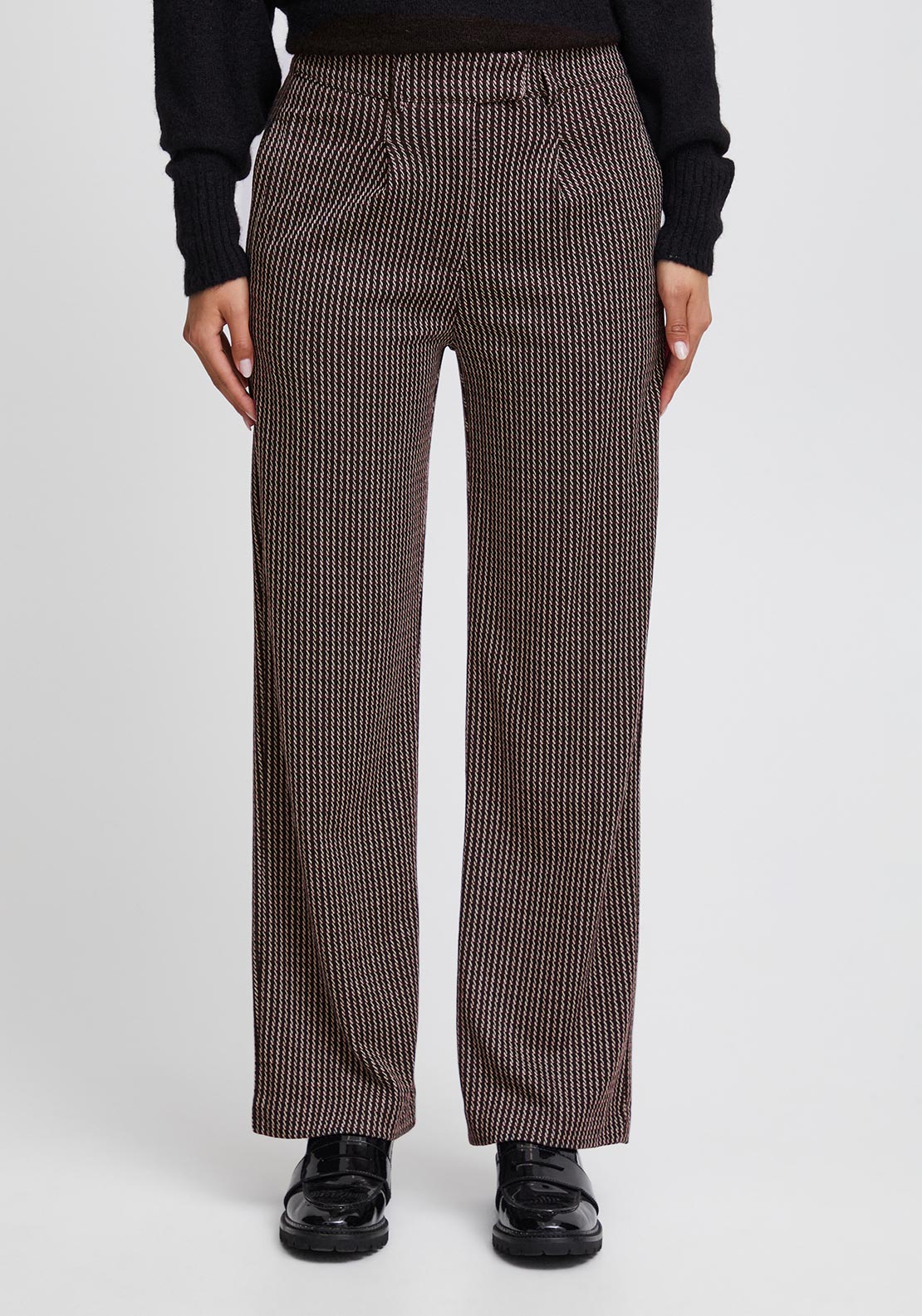 ICHI Houndstooth Straight Trousers, Black & Burgundy - McElhinneys