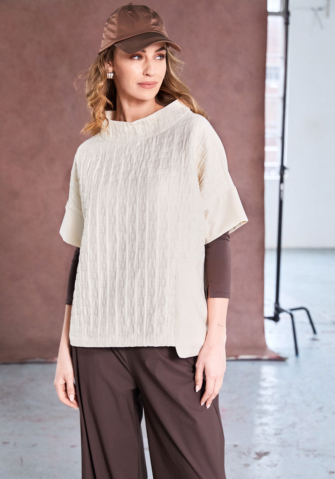 Naya Textured Mock Neck Short Sleeve Top, Cream - McElhinneys