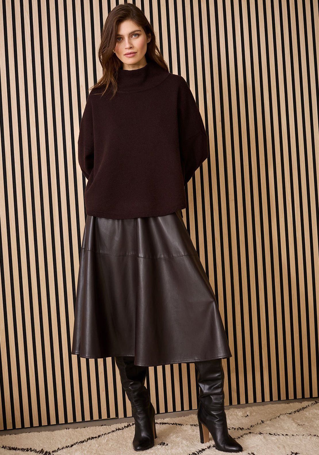 Oui Faux Leather Aline Midi Skirt, Brown - McElhinneys