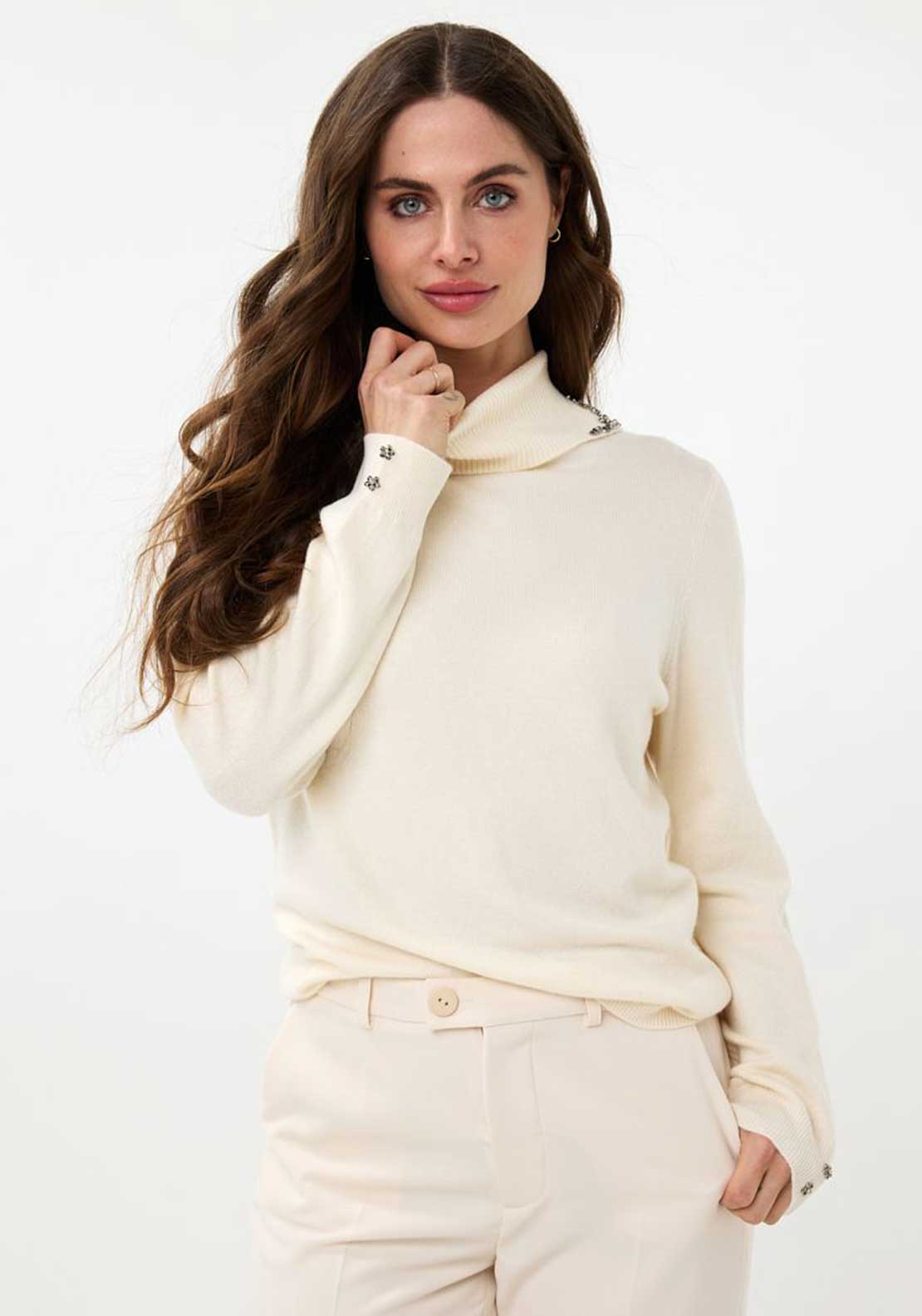 EsQualo Embellished Polo Neck Jumper, Beige - McElhinneys