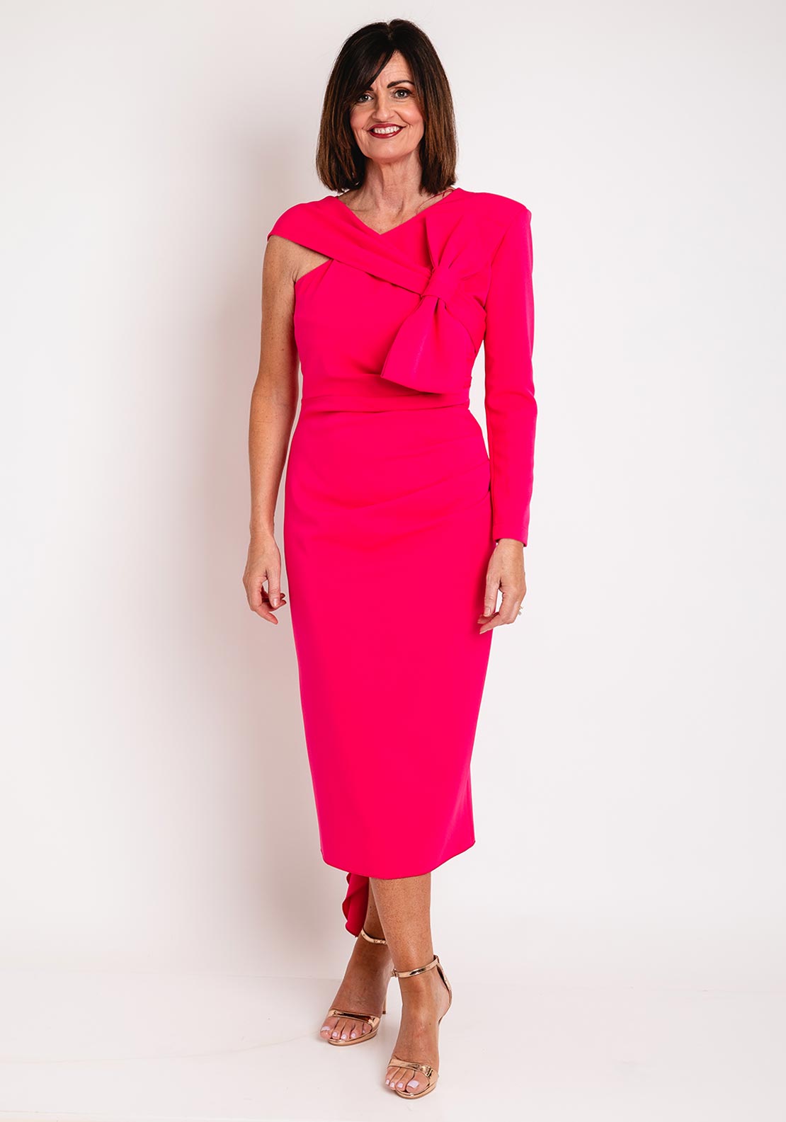 Kevan Jon Carolyn One Shoulder Bow Detail Midi Dress, Hot Pink - McElhinneys