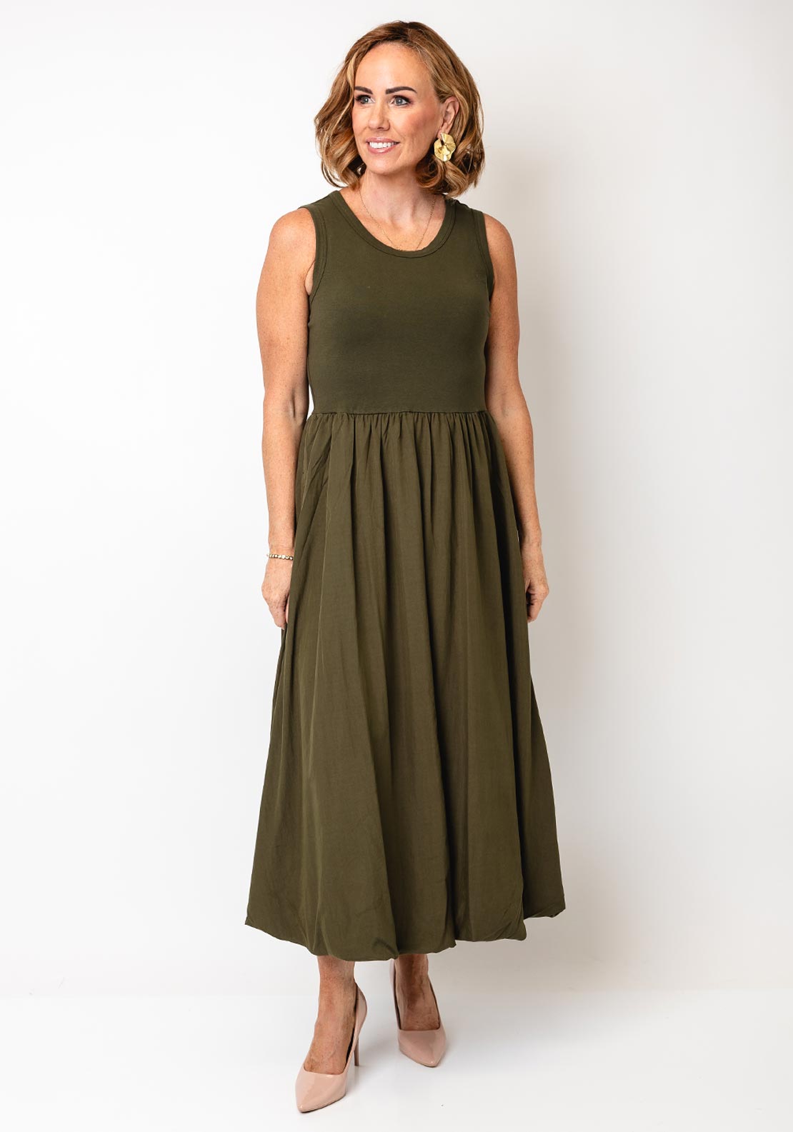 Oui Gathered Skirt Bubble Hem Maxi Dress, Green - McElhinneys