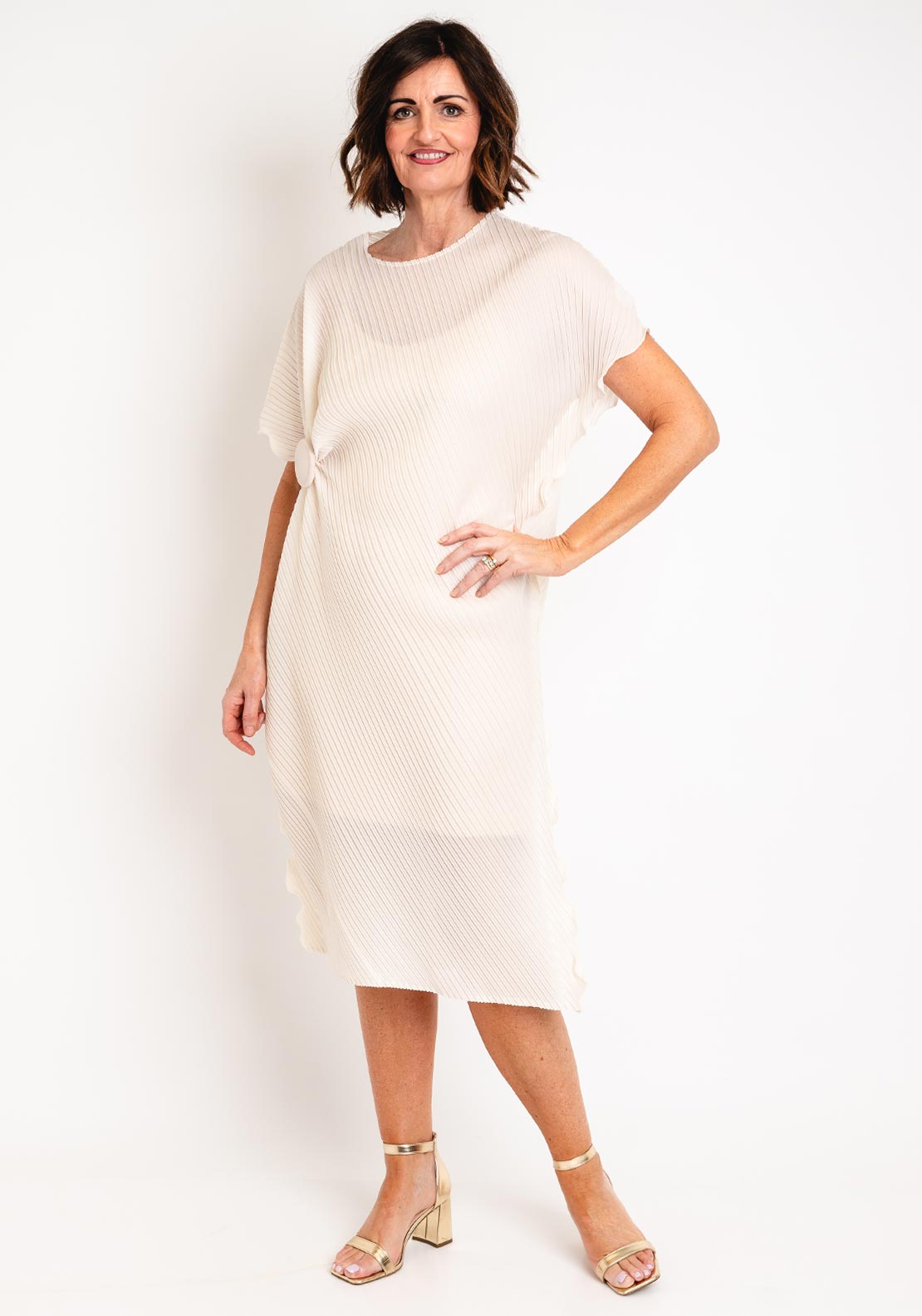 Thanny Pleated Frilled Trim Midi One Size Dress, Beige - McElhinneys