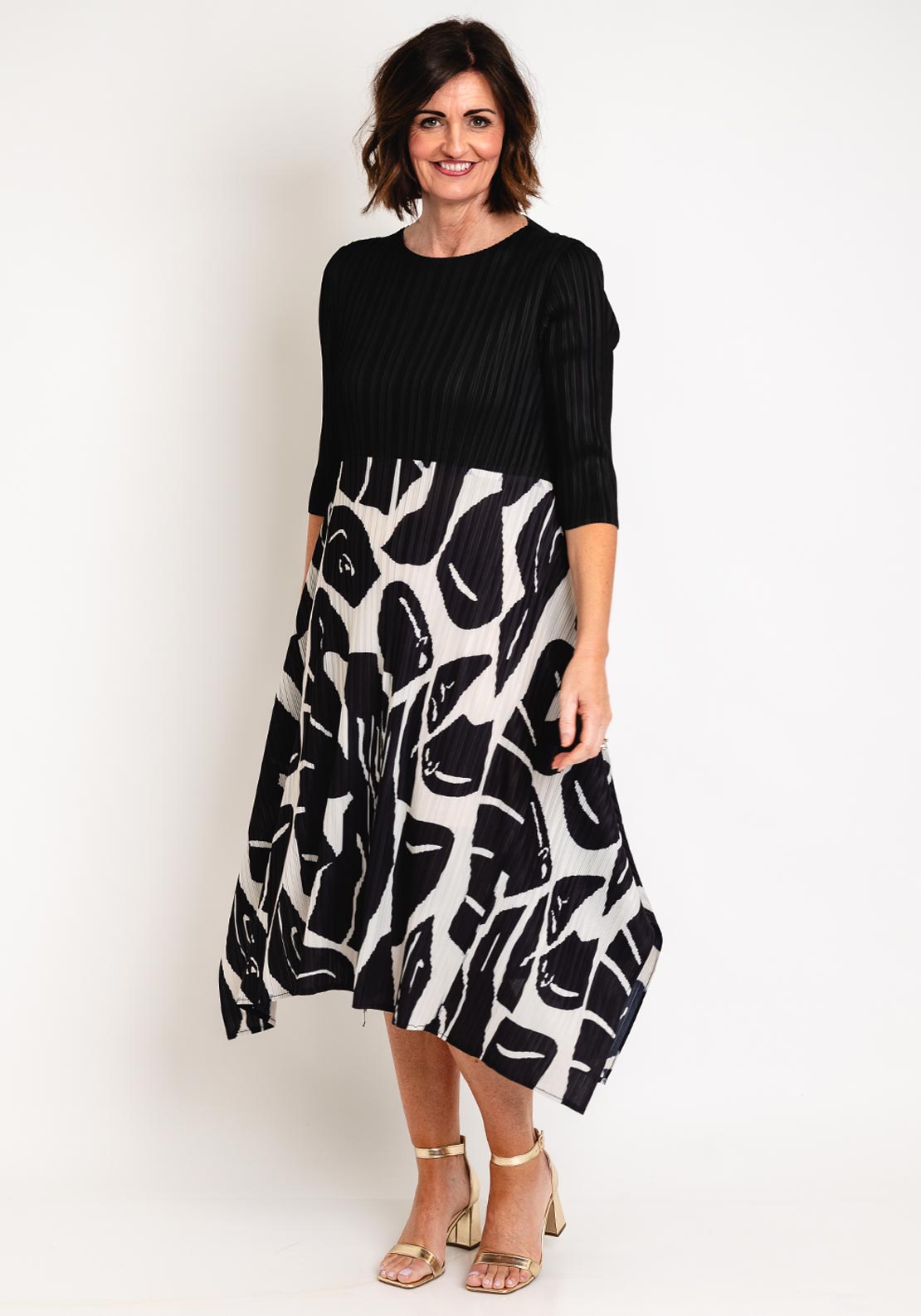 Thanny Pleated Abstract Print Midi Dress, Black - McElhinneys