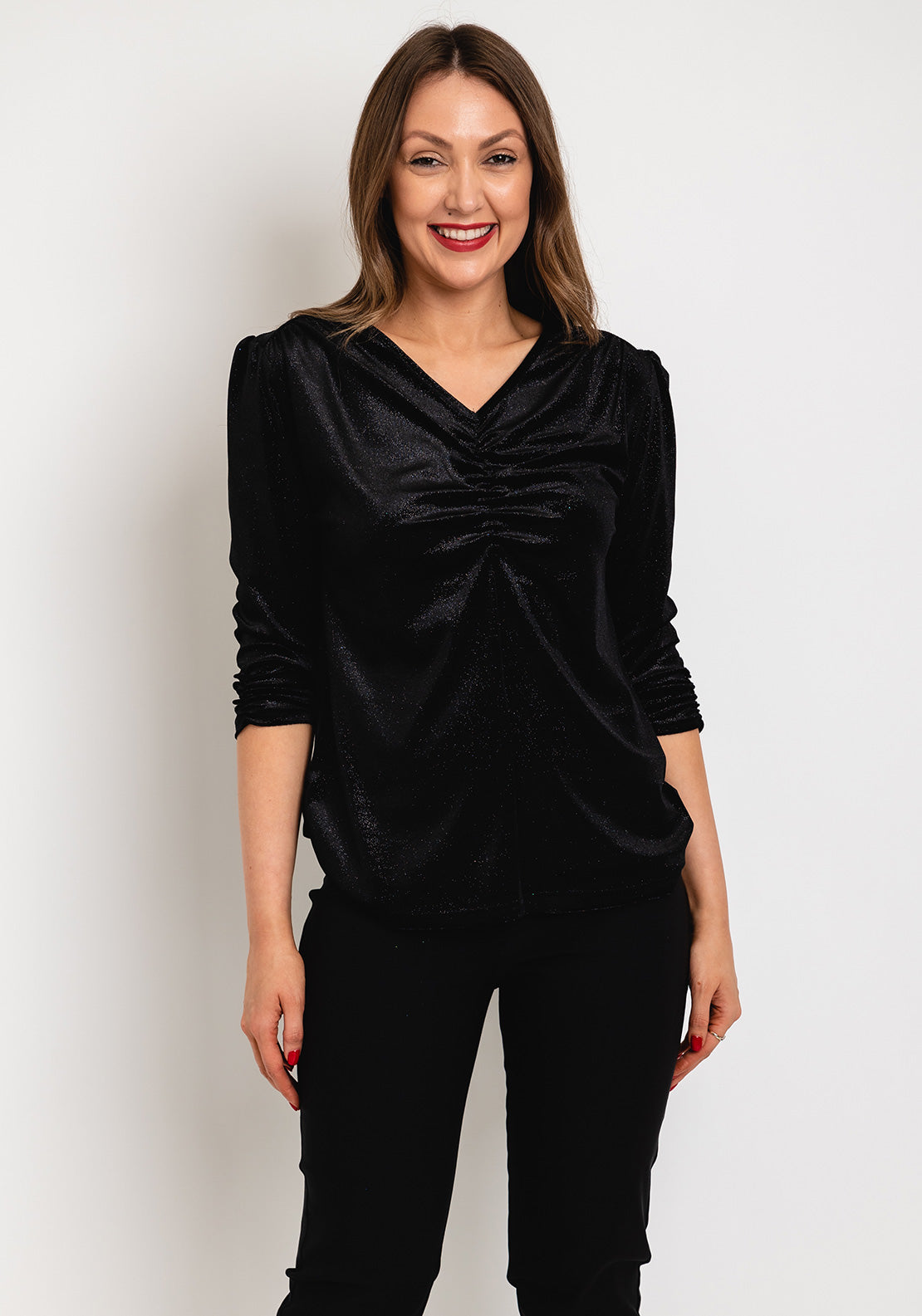Leon Collection Ruched Detail Shimmer Blouse, Black - McElhinneys