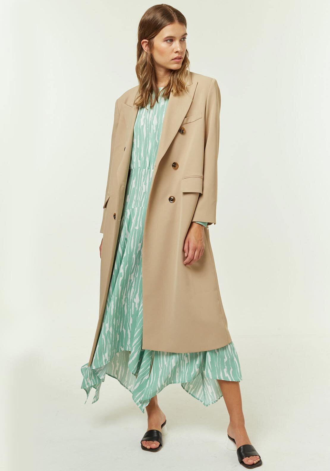 Jovonna Fluid Double Breasted Long Coat, Beige - McElhinneys