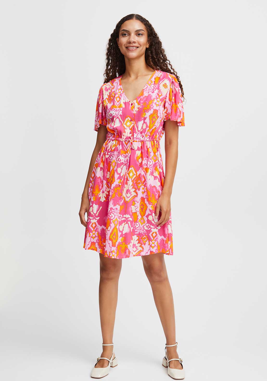 B.Young Jacqueline Printed Drawstring Dress, Pink Ethnic Mix - McElhinneys