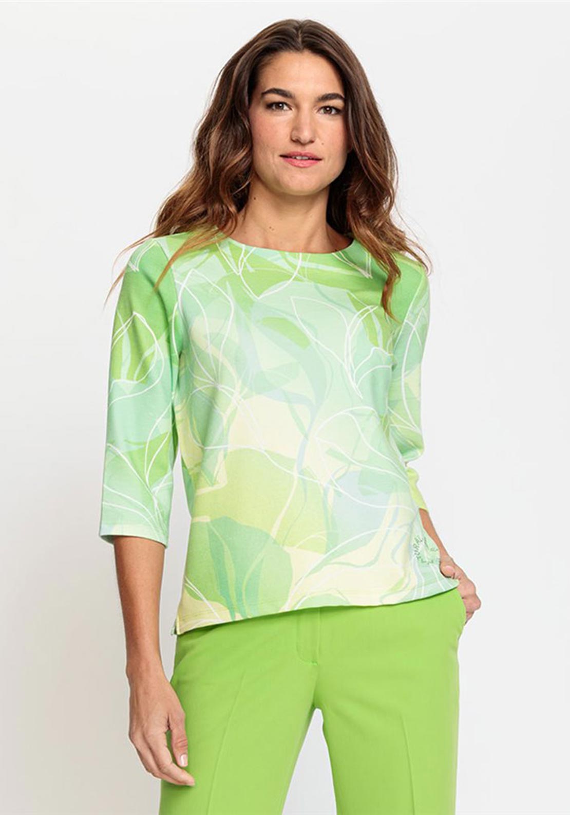Olsen Henny Floral Print Jersey Top, Kiwi Green - McElhinneys