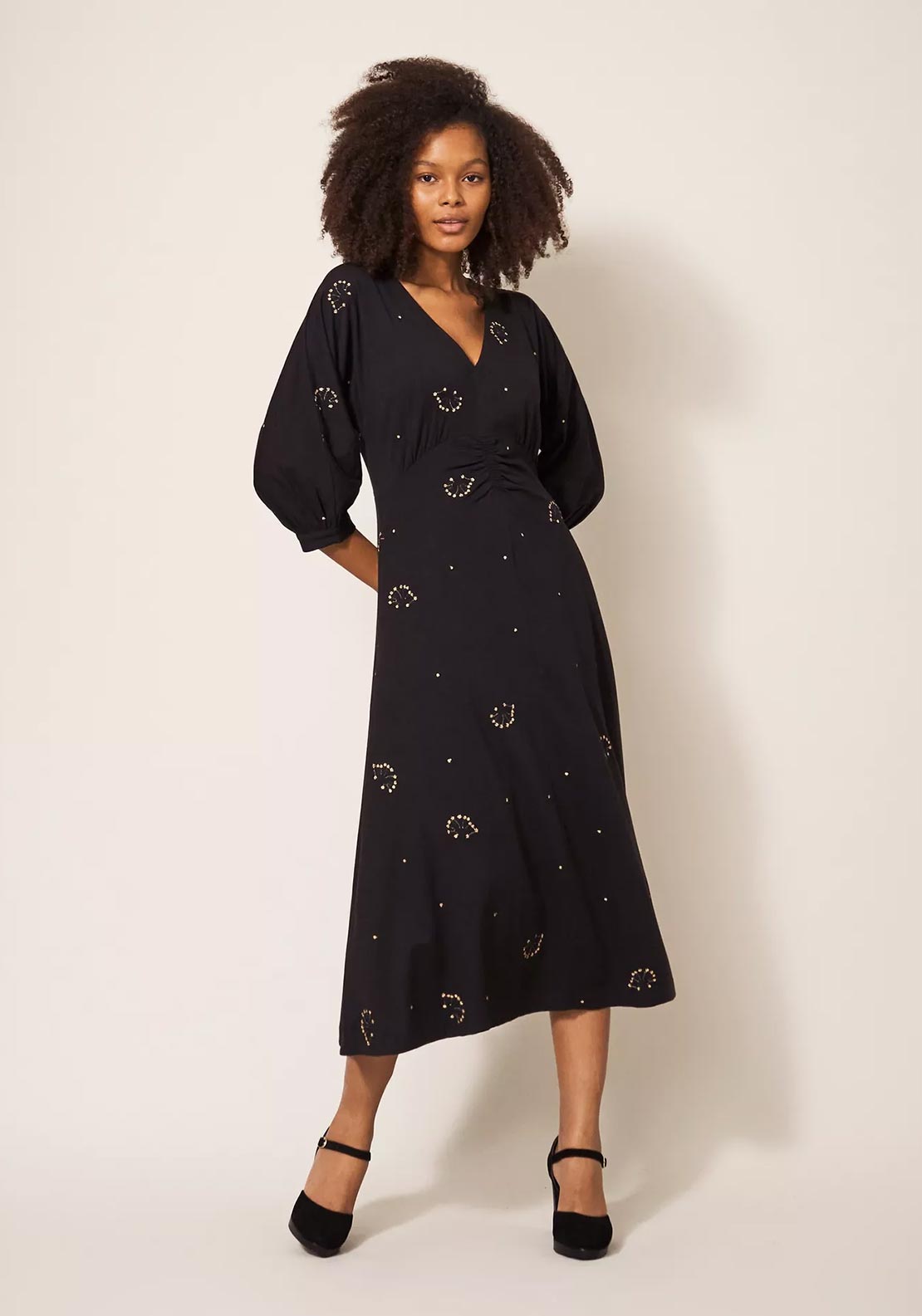 White Stuff Megan Embroidered Jersey Midi Dress, Black - McElhinneys