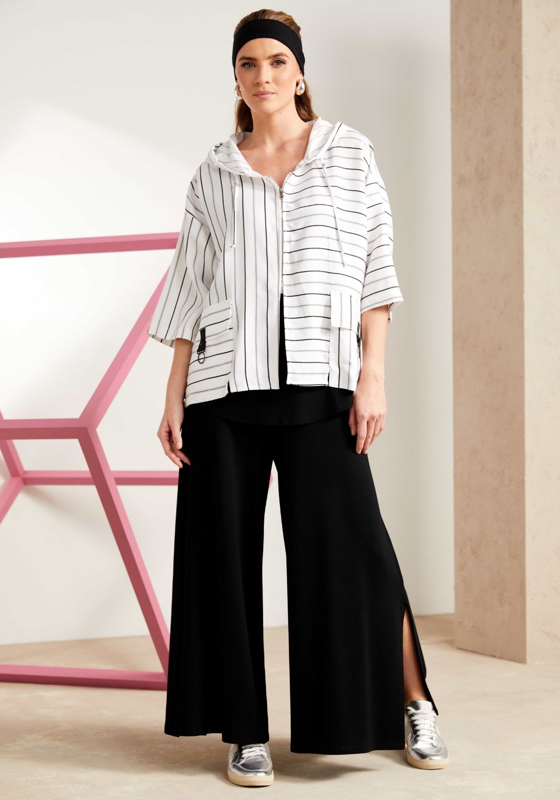 Naya Striped Full Zip Hoodie, White and Black - McElhinneys