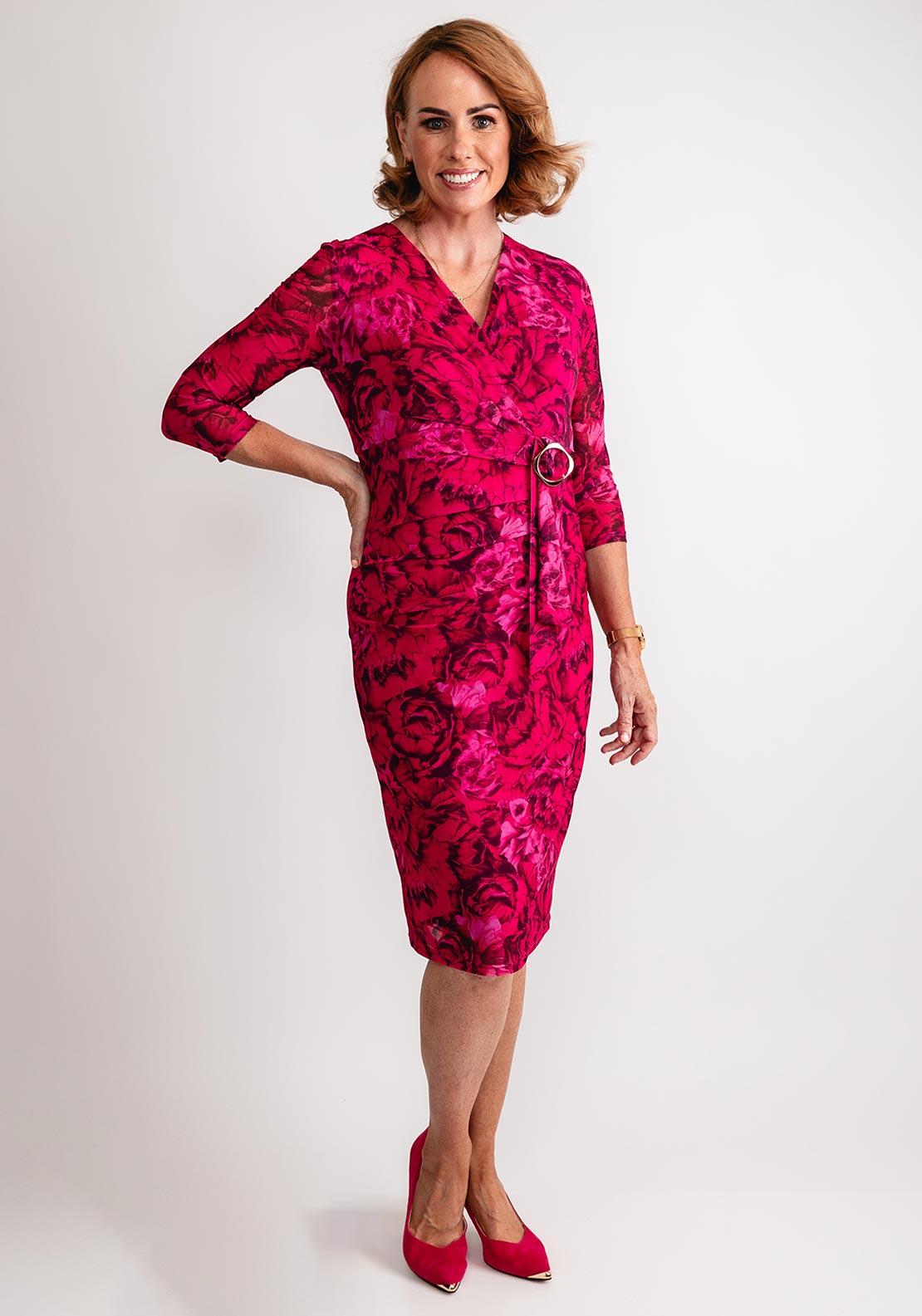 Avalon Rose Print Wrap Buckle Dress, Pink - McElhinneys