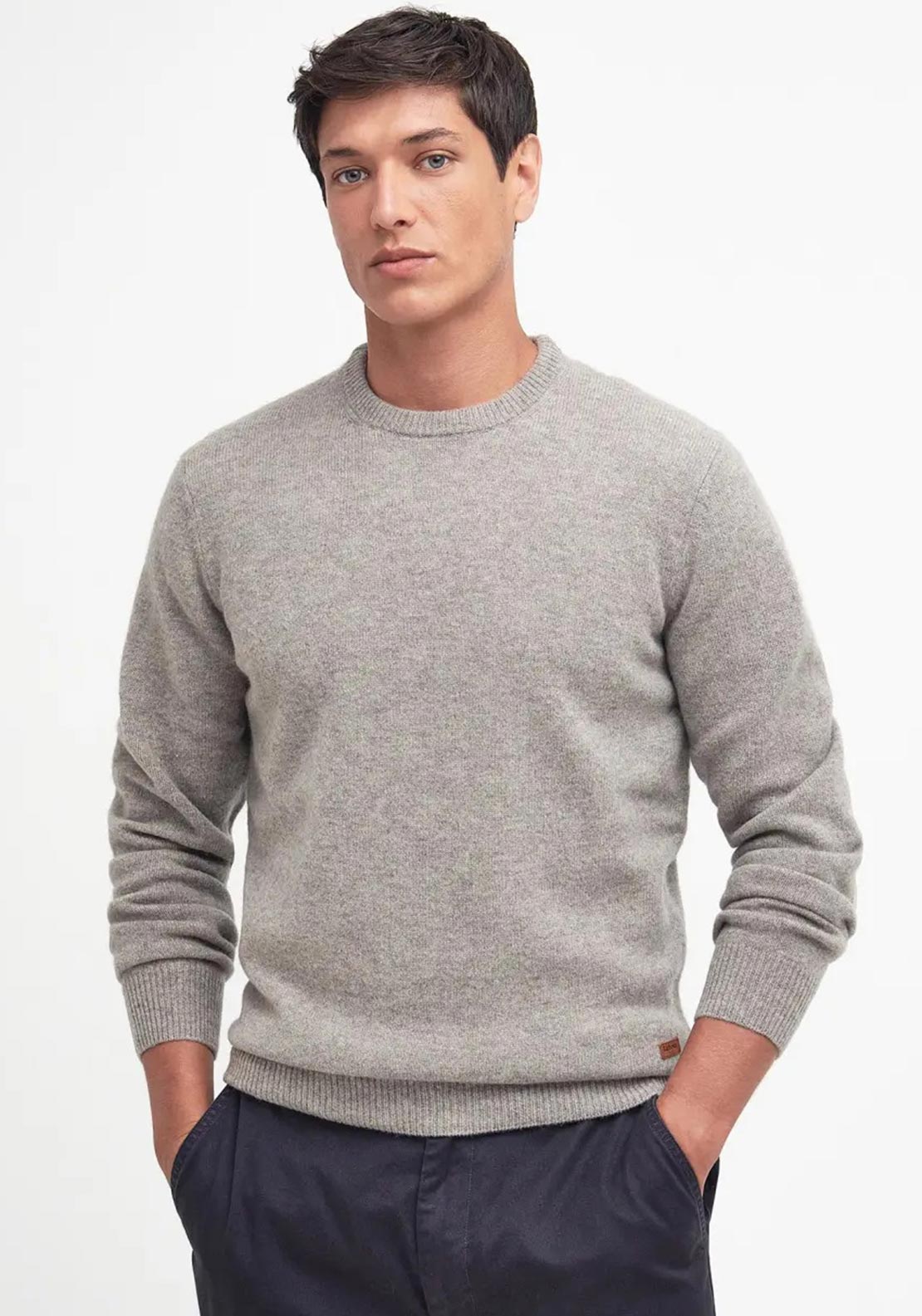 Barbour Men’s Patch Elbow Crew Neck Jumper, Stone Grey - McElhinneys