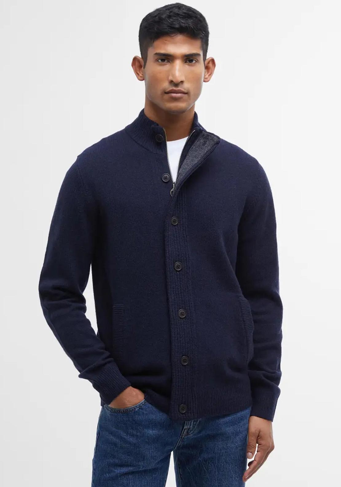 Barbour Men’s Patch Elbow Zip Cardigan, Navy - McElhinneys