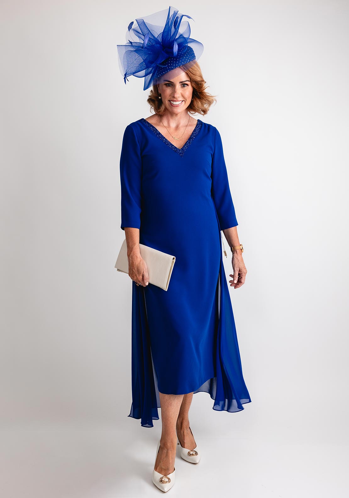 Cassandra Sue Diamante Trim Chiffon Dress, Royal Blue - McElhinneys
