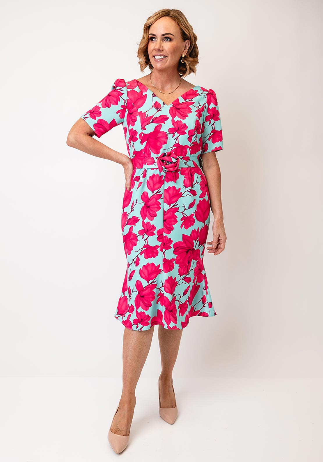 Coco Doll Sydney Corsage Floral Print Dress, Green and Pink - McElhinneys