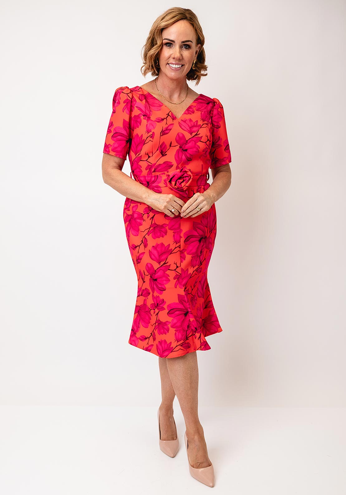 Coco Doll Sydney Corsage Floral Print Dress, Orange and Pink - McElhinneys