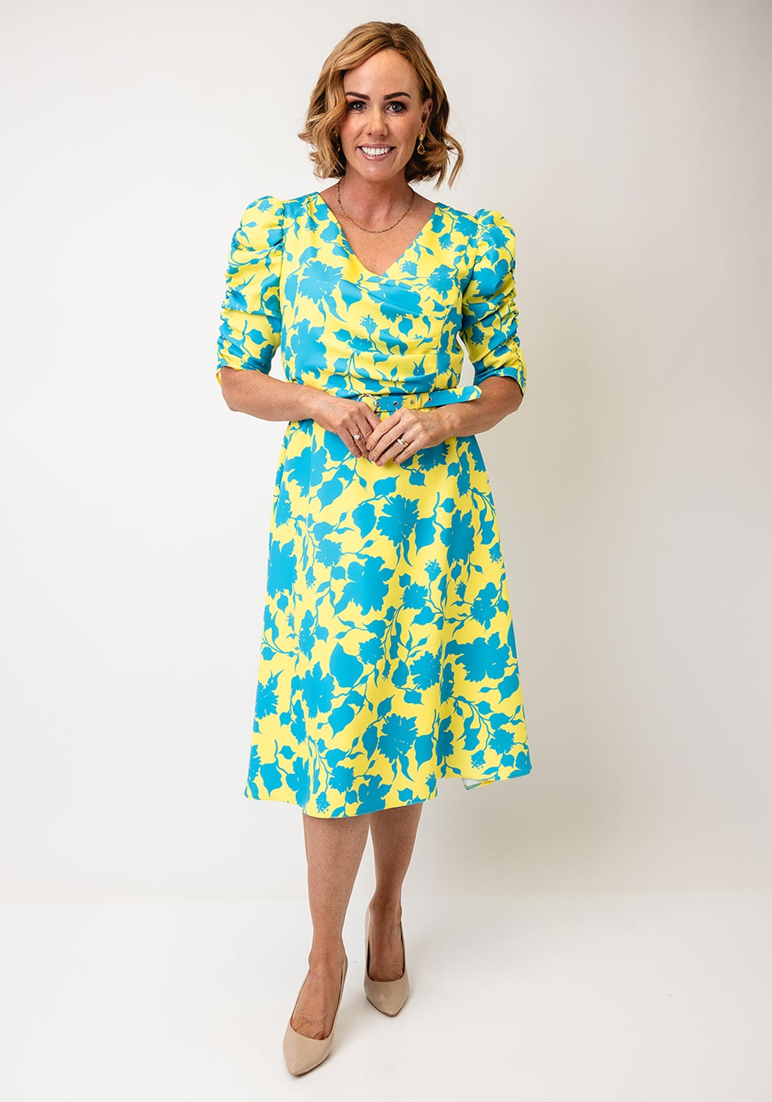 Coco Doll Veder Floral Belted A-Line Dress, Yellow and Turquoise ...