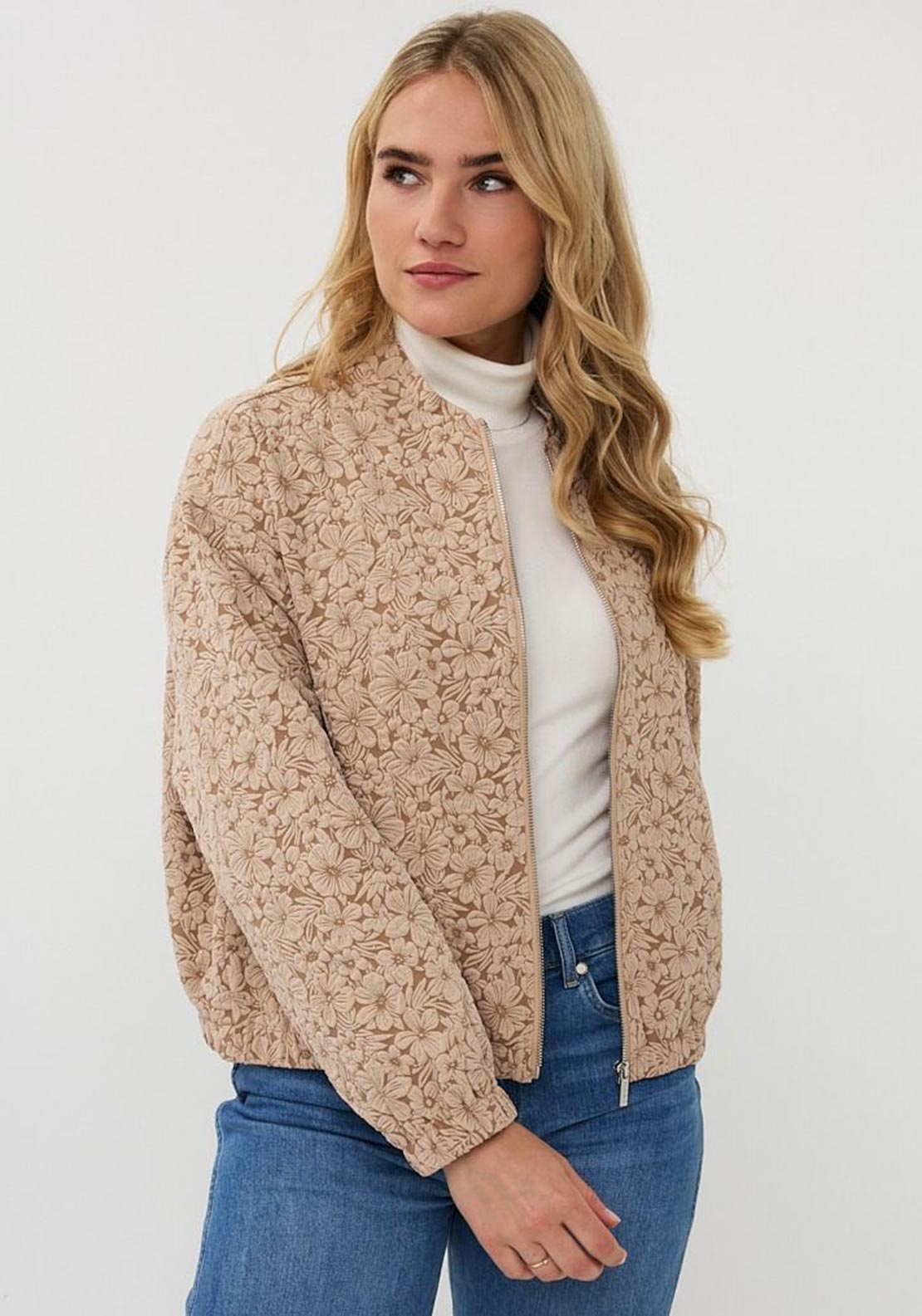 Esqualo Jacquard Floral Bomber Jacket, Beige - McElhinneys