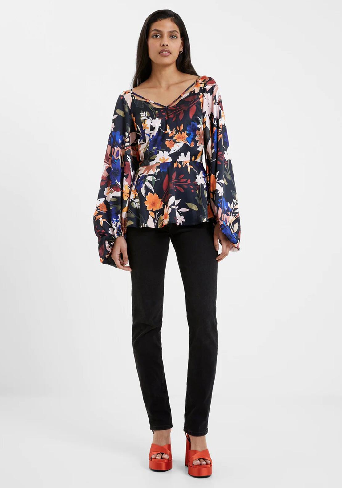 French Connection Brooke Satin Floral Top, Black - McElhinneys