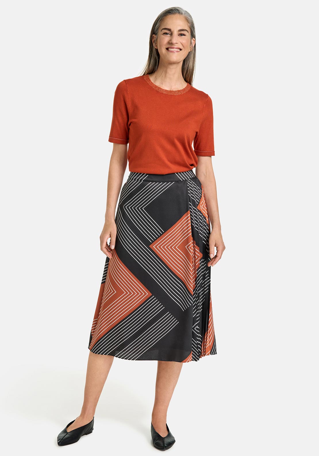Gerry Weber Semi Pleated Woven Midi Skirt, Red & Black - McElhinneys