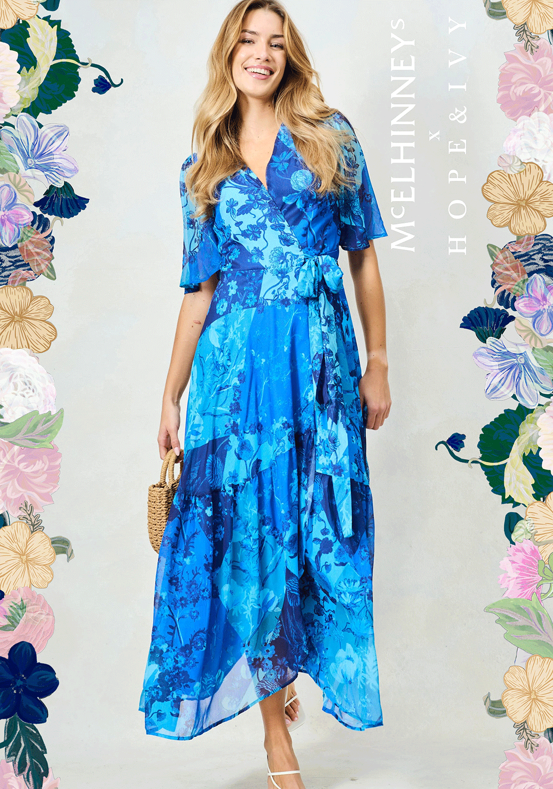 McElhinneys X Hope & Ivy Aine Floral Wrap Dress, Blue