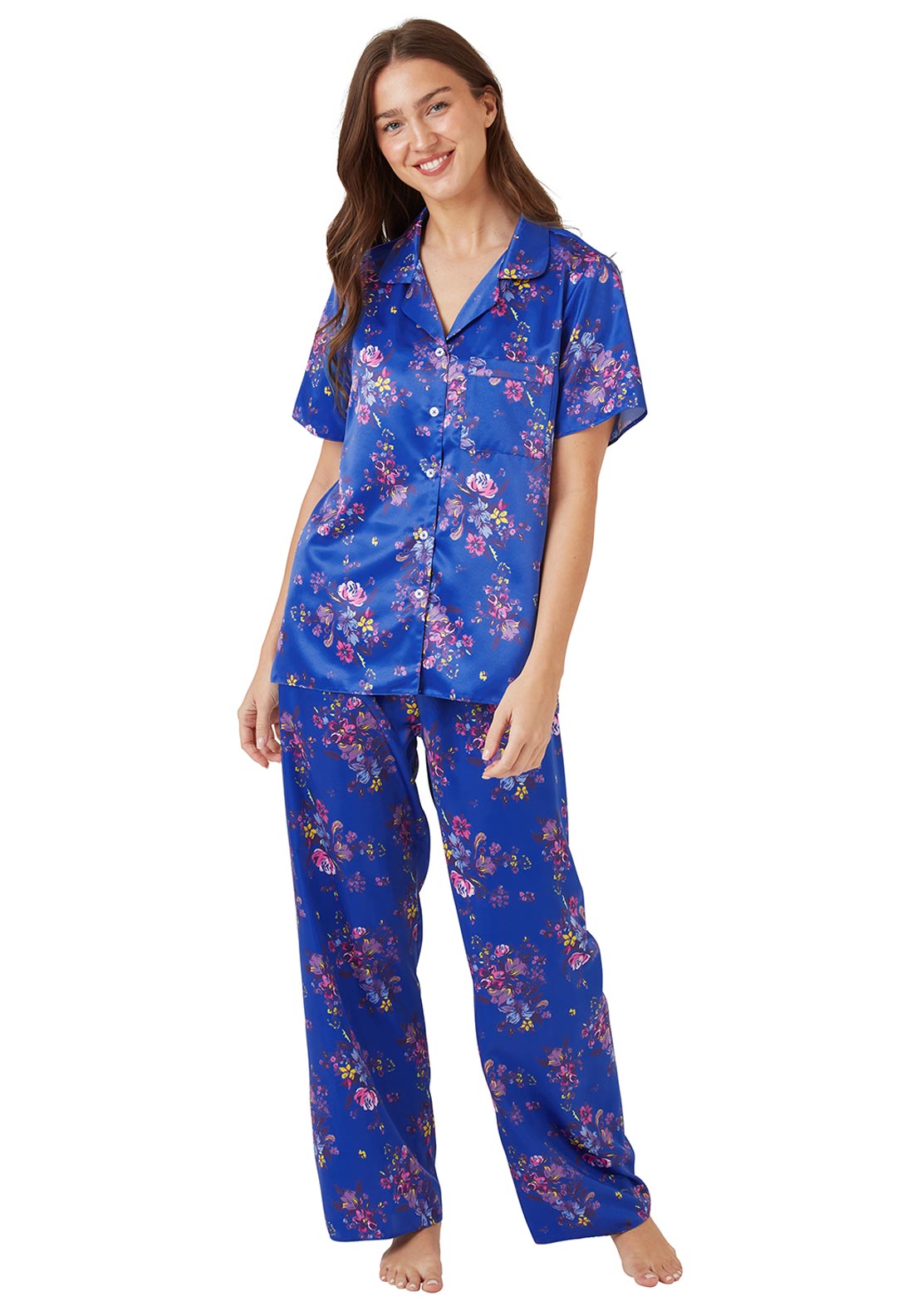 Indigo Sky Twilight Floral Satin Pyjama Set, Blue - McElhinneys
