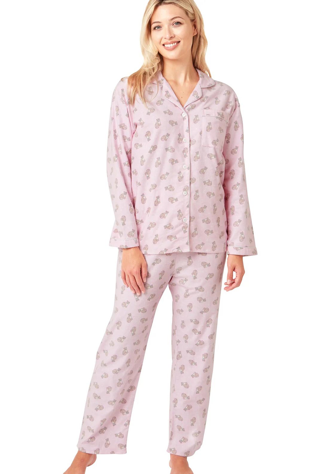 Indigo Sky Chilling Cheetah Brushed Cotton Pyjama Set, Pink - McElhinneys