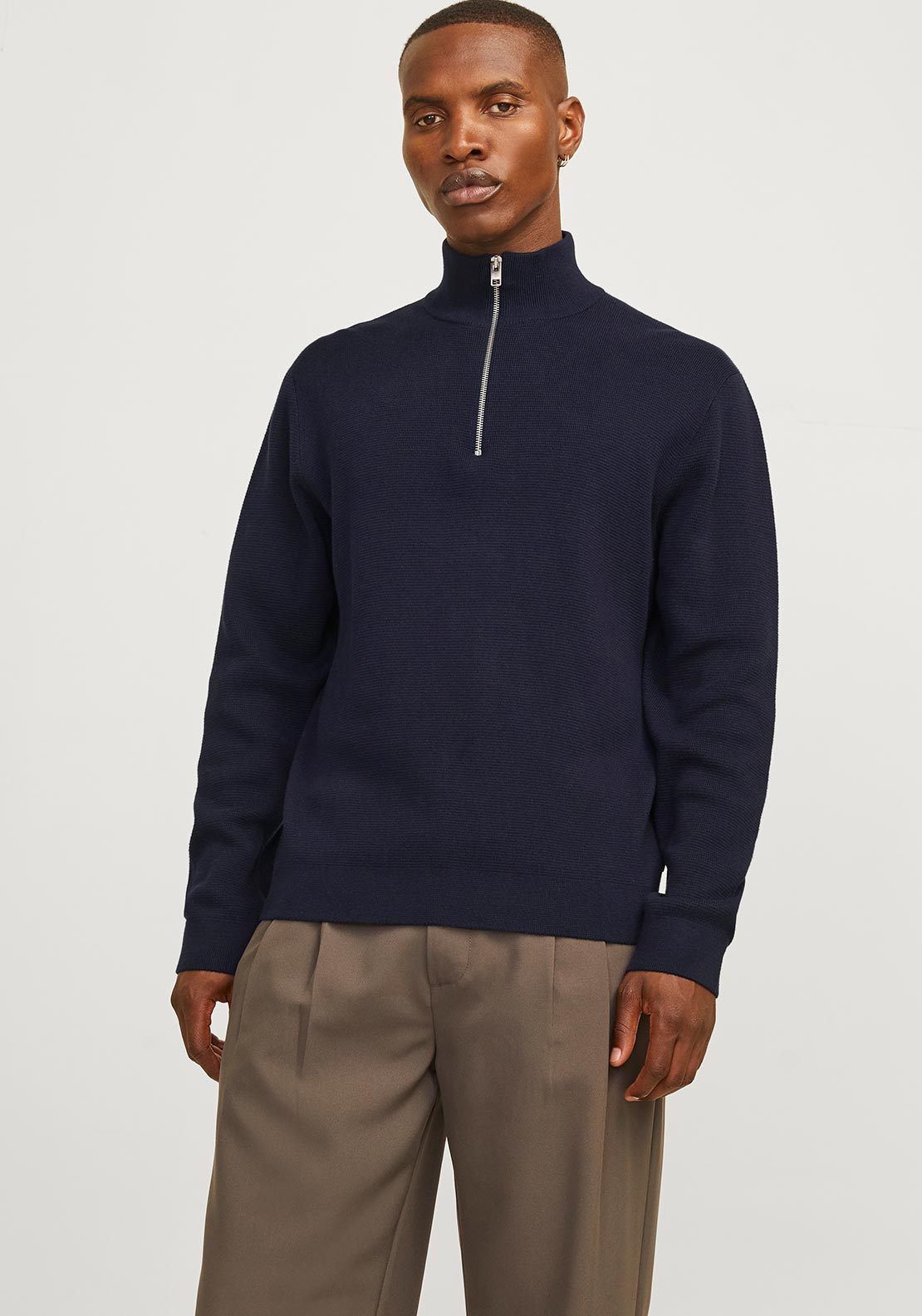 Jack & Jones Milano Textured Knit Half Zip Sweater, Navy - McElhinneys