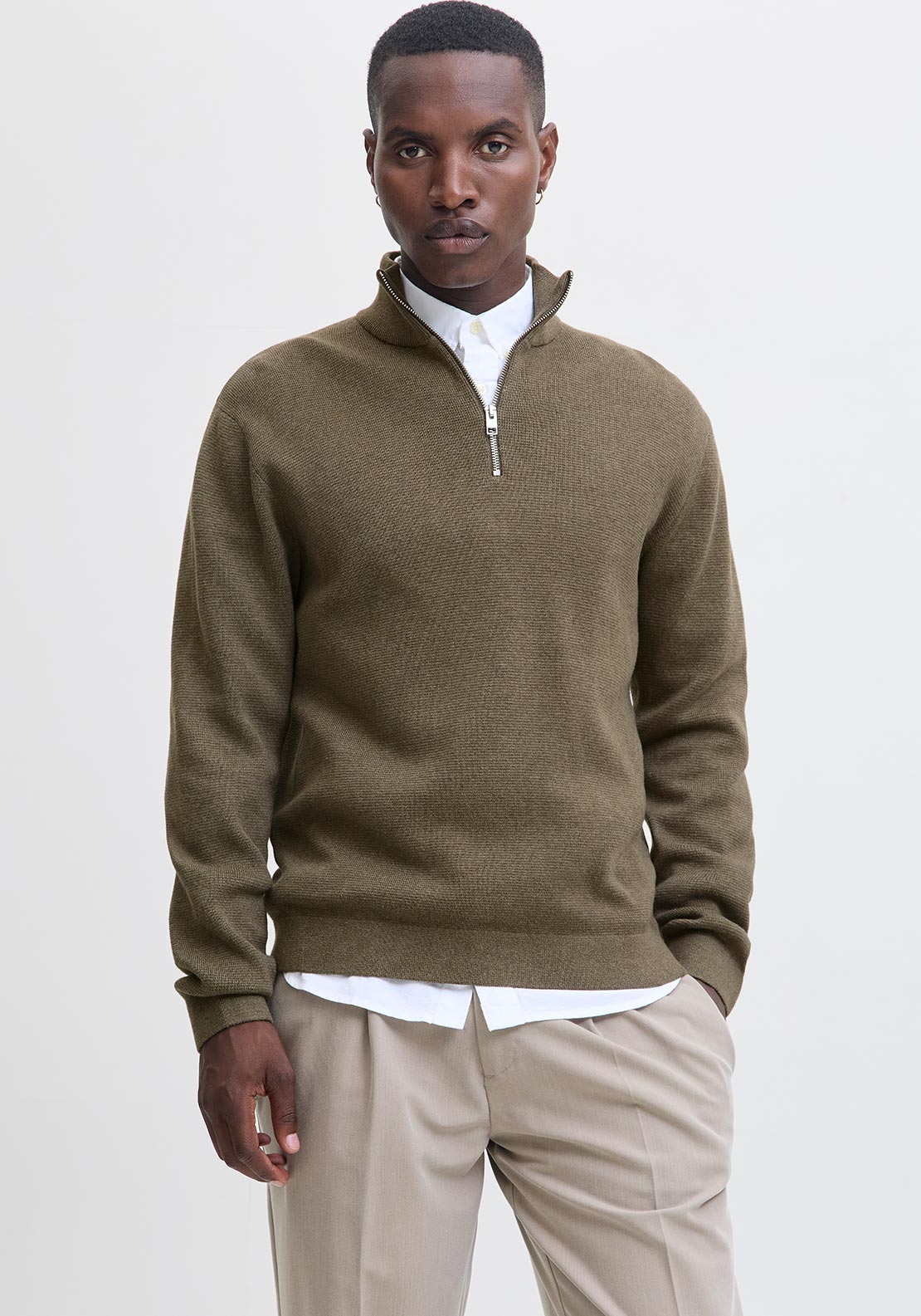 Jack & Jones Milano Textured Knit Half Zip Sweater, Stone Grey ...
