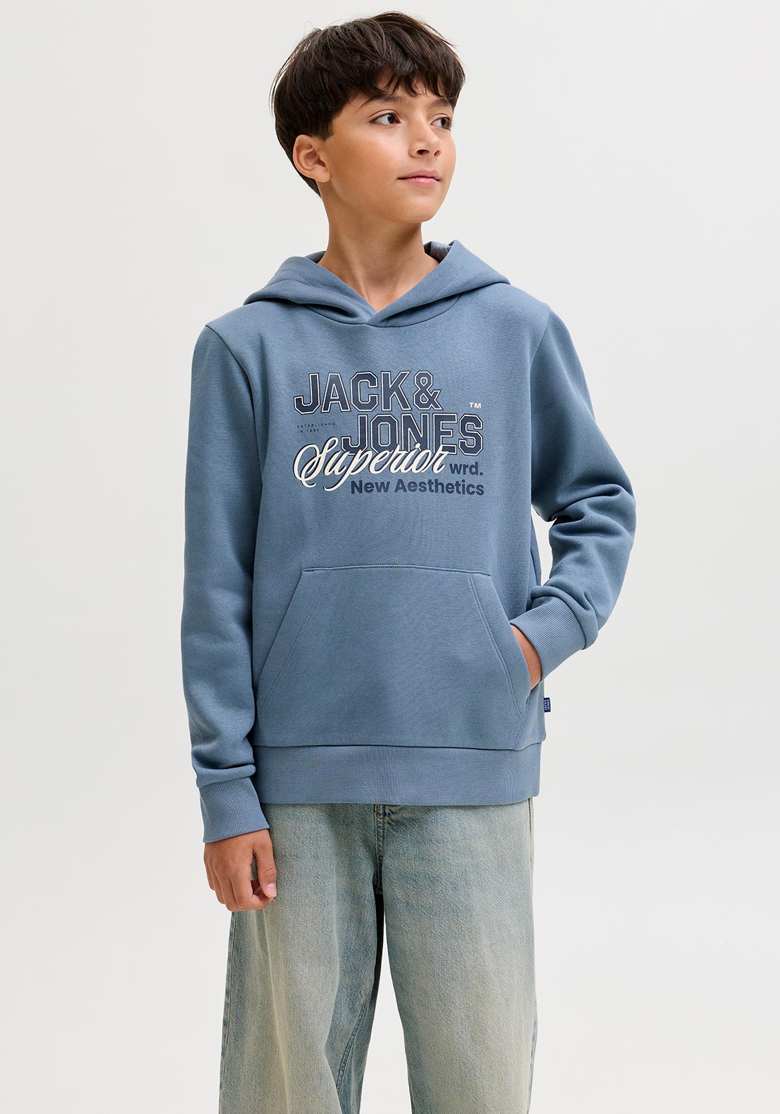 Jack & Jones Boys Logo Long Sleeve Hoodie, Blue - McElhinneys