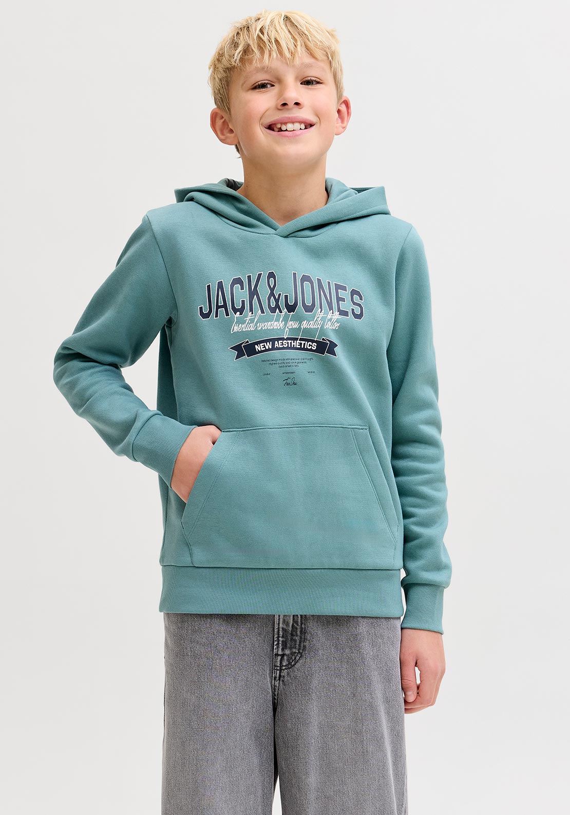 Jack & Jones Boys Logo Long Sleeve Hoodie, Green - McElhinneys
