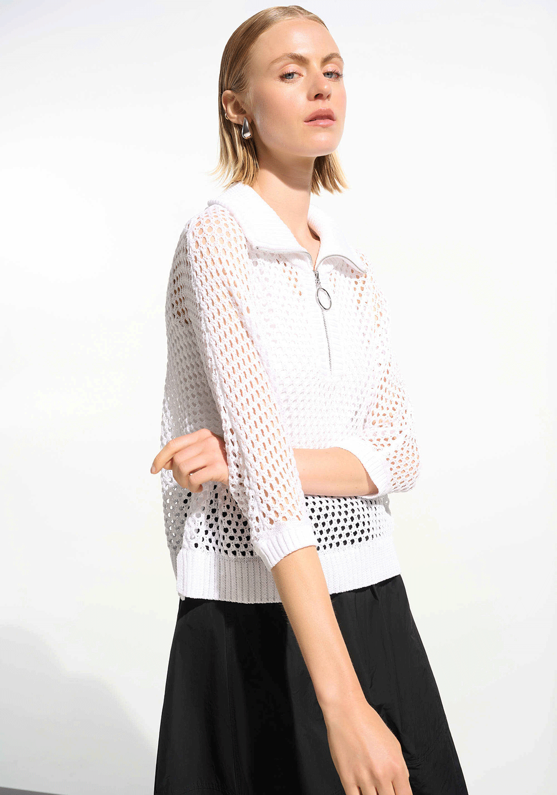 Joseph Ribkoff Sport Wide Knit Half Zip Jumper, White - McElhinneys