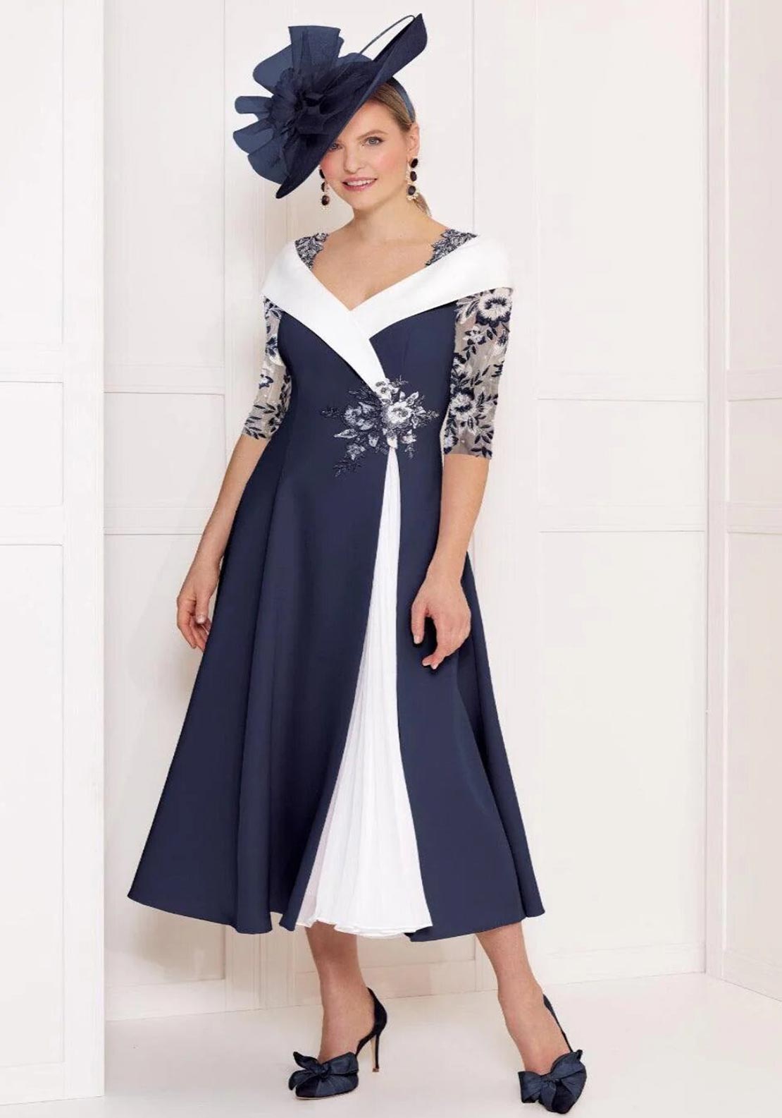 John Charles Contrast Plisse Detail Maxi Dress, Navy & Ivory - McElhinneys