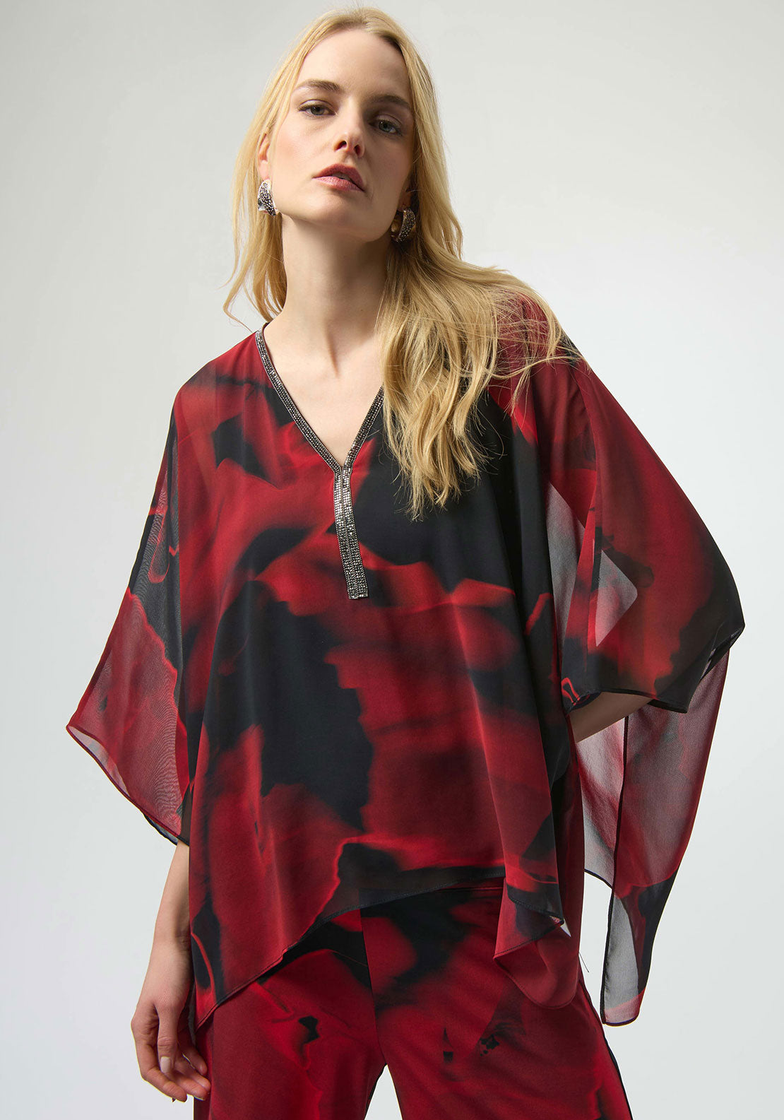 Joseph Ribkoff Printed V Neck Poncho Top, Red & Black - McElhinneys