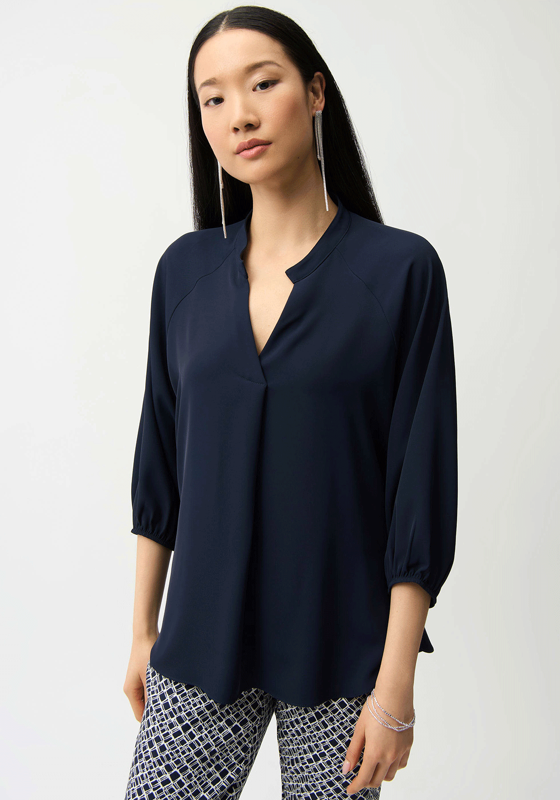 Joseph Ribkoff Woven V Neck Top, Navy - McElhinneys