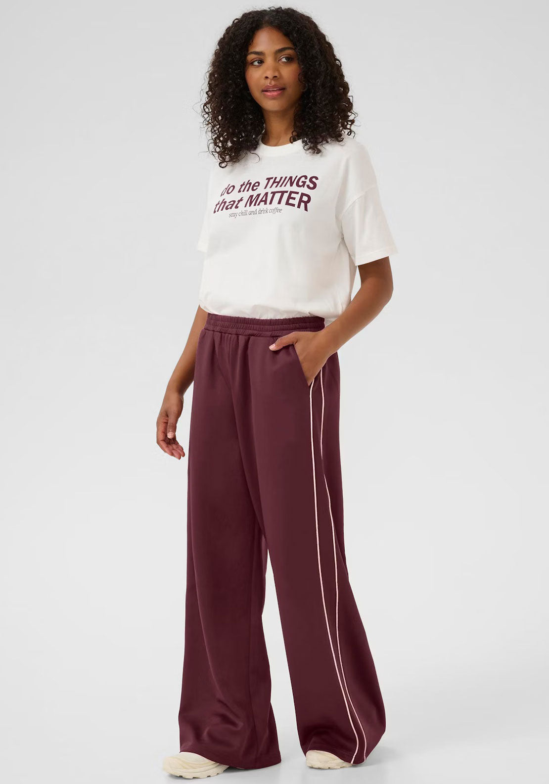KAFFE Cory Wide Leg Track Pants, Wine - McElhinneys