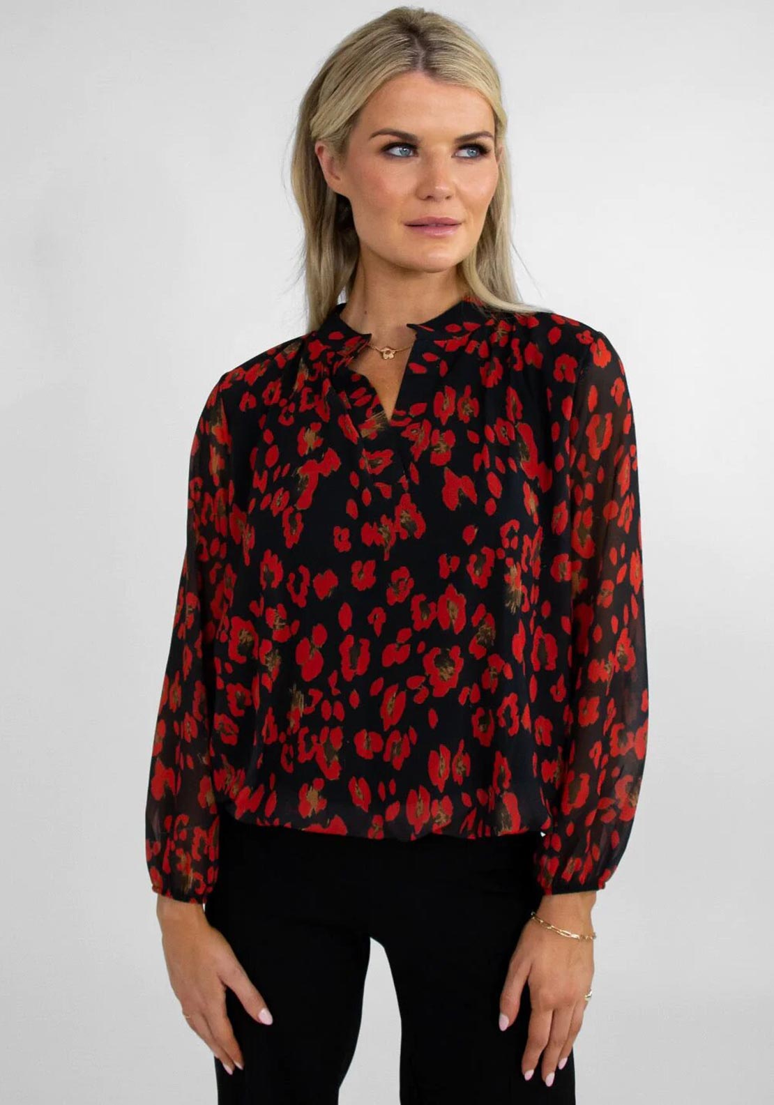 Kate & Pippa Leopard Print Banded Hem Top, Black & Red - McElhinneys