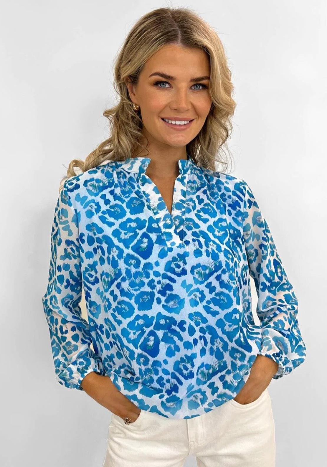 Kate & Pippa Leopard Print Chiffon Top, Blue - McElhinneys