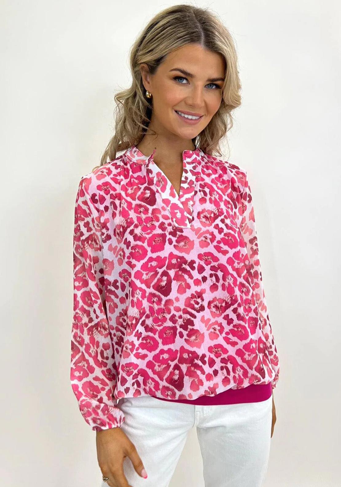 Kate & Pippa Leopard Print Chiffon Top, Pink - McElhinneys