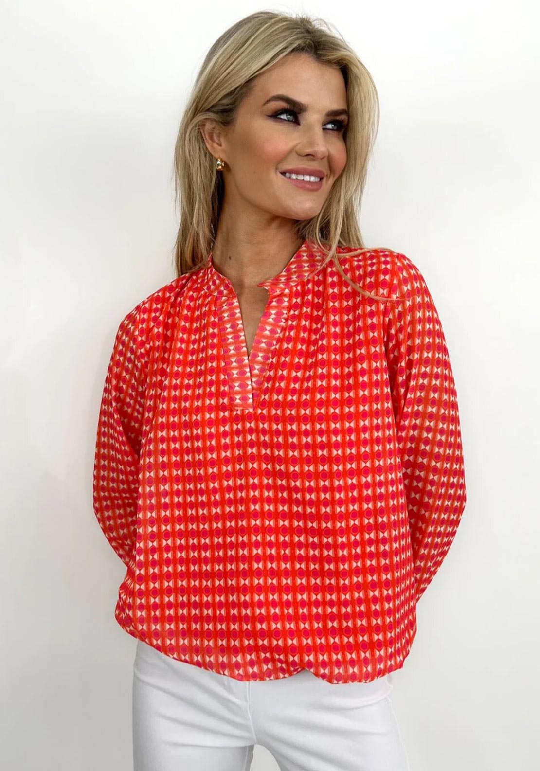 Kate & Pippa Bella Chiffon Print Band Hem Top, Orange Multi - McElhinneys