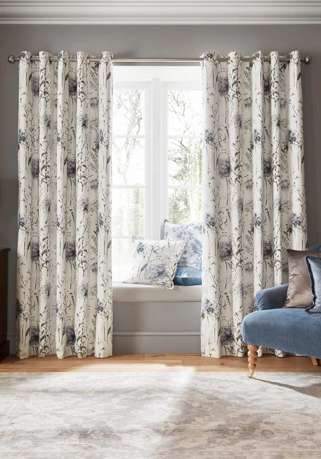 Laura Ashley Pallington Bloom Lined Eyelet Curtains 88”x 90”, Cream an ...