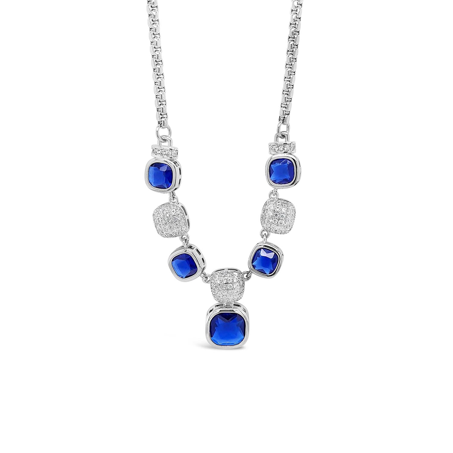 Absolute Midnight Blue CZ Square Cluster Necklace, Silver - McElhinneys
