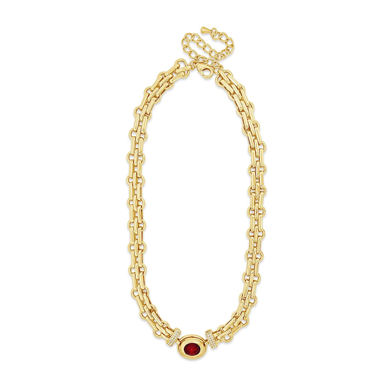 Absolute Double Chain Link Red Stone Necklace, Gold - McElhinneys