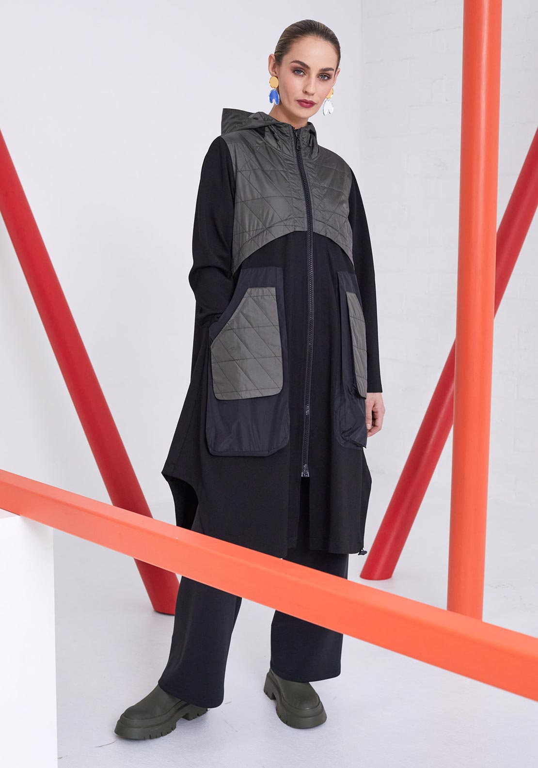 Naya Quilted Jersey Panel Coat, Black & Khaki - McElhinneys