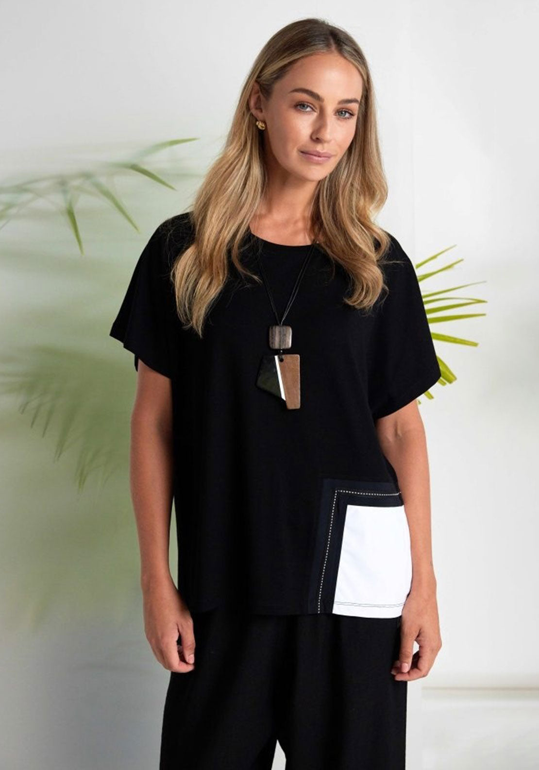 Naya Contrast Pocket Relaxed Fit Top, Black - McElhinneys