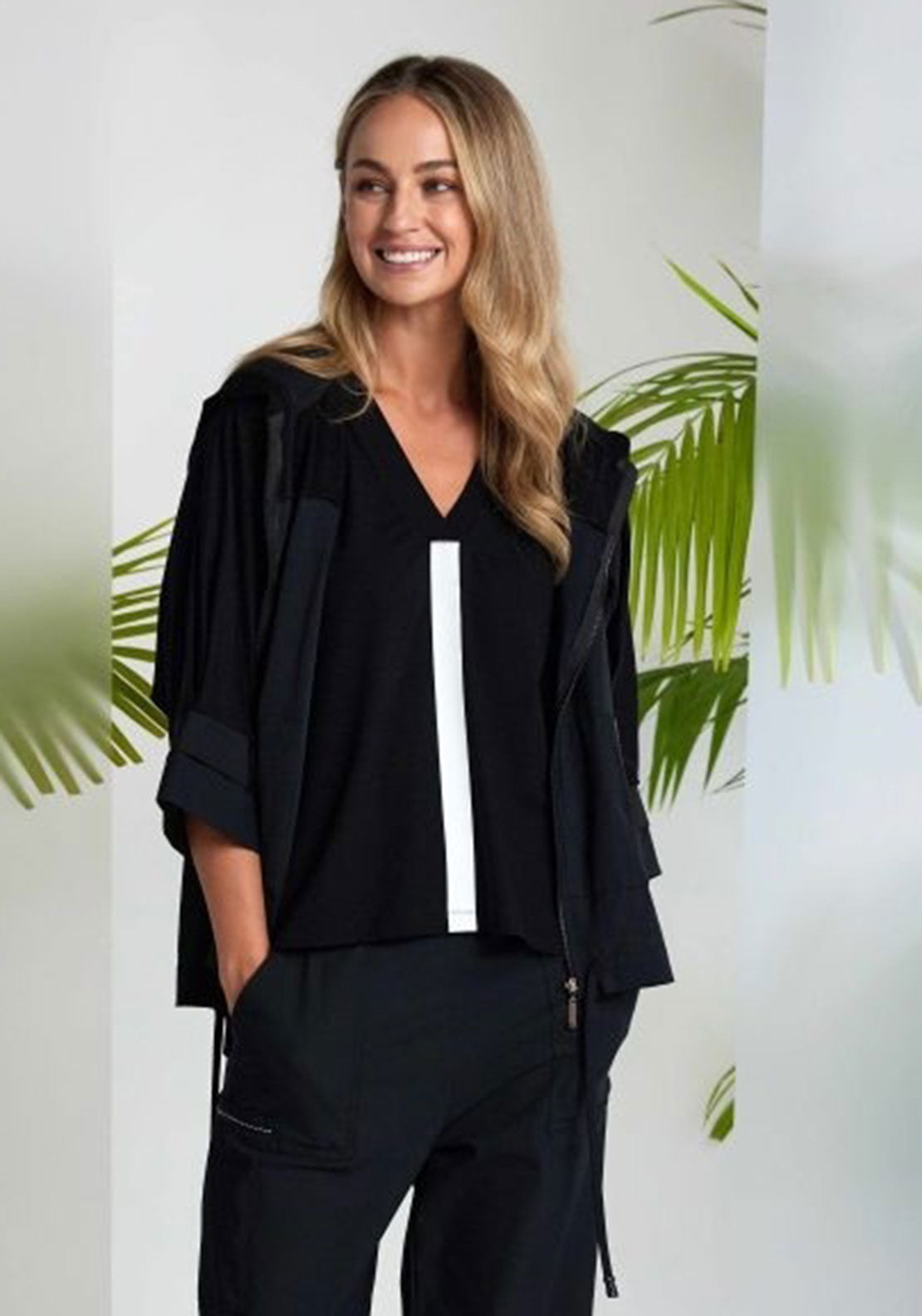 Naya V Neck Stripe Top, Black - McElhinneys