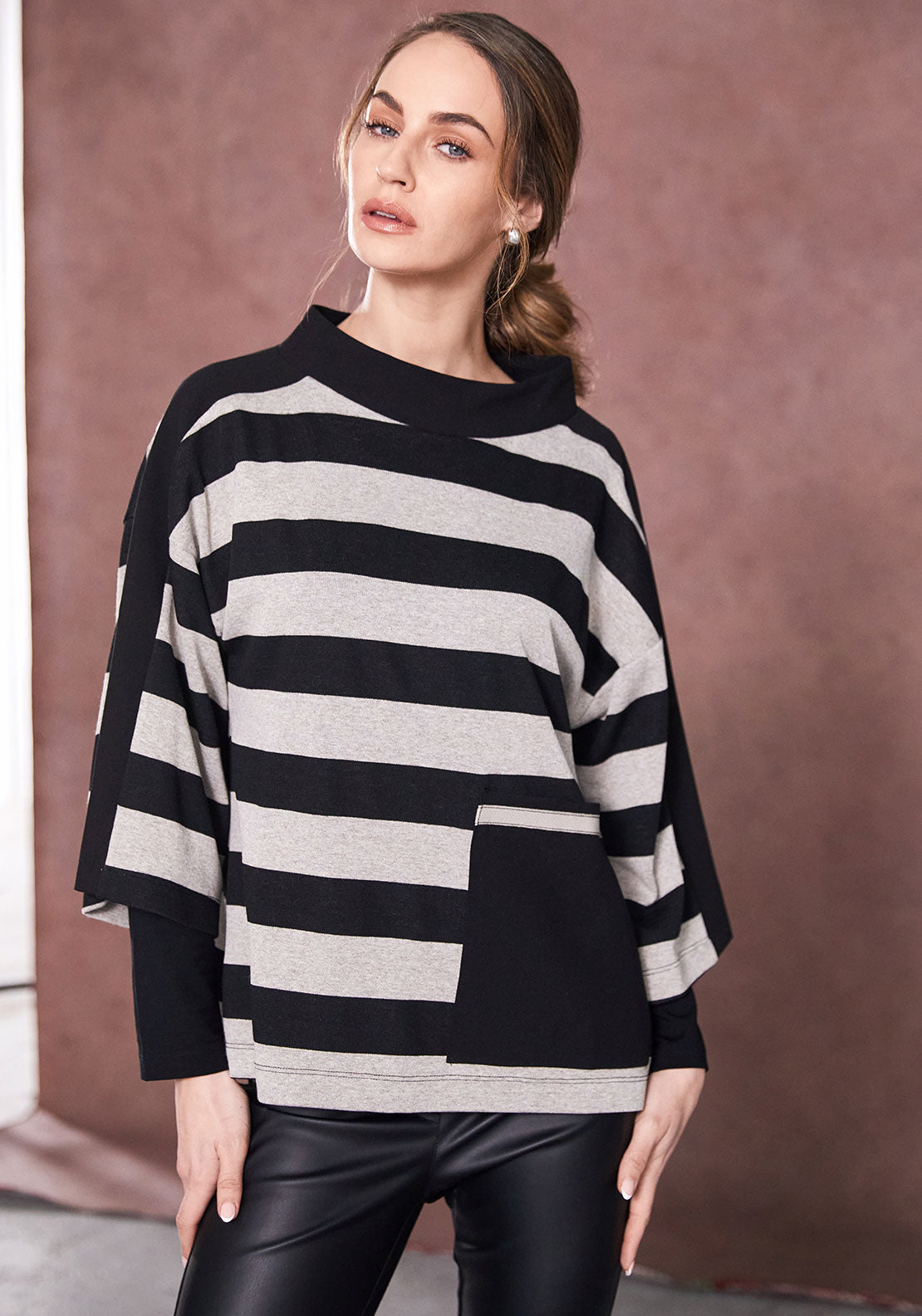 Naya Woven Striped High Neck Top, Black and Grey - McElhinneys