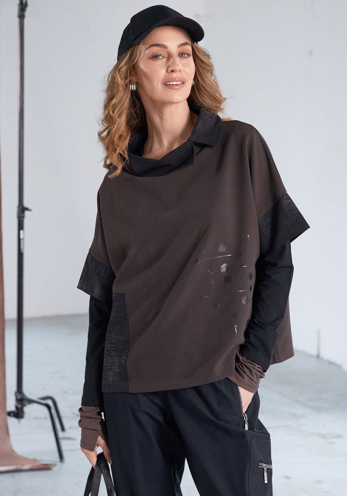 Naya Woven Collar Detail Printed Short Sleeve Top, Brown - McElhinneys