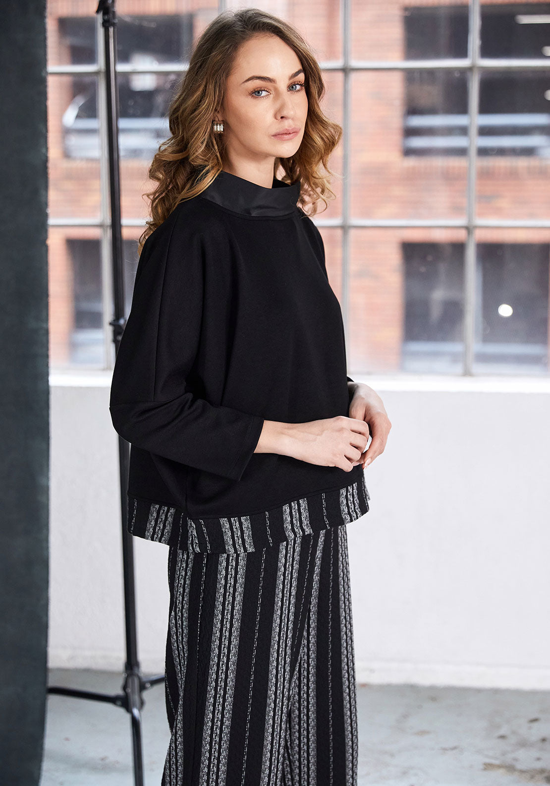 Naya Striped Trim Collar Detail Top, Black - McElhinneys