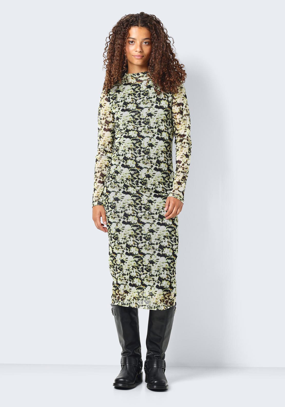 Noisy May Bea High Neck Print Mesh Midi Dress, Blanc De Blanc - McElhinneys